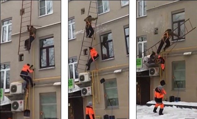 Climbing the emergency stairs to clear the snow at the top of the ...