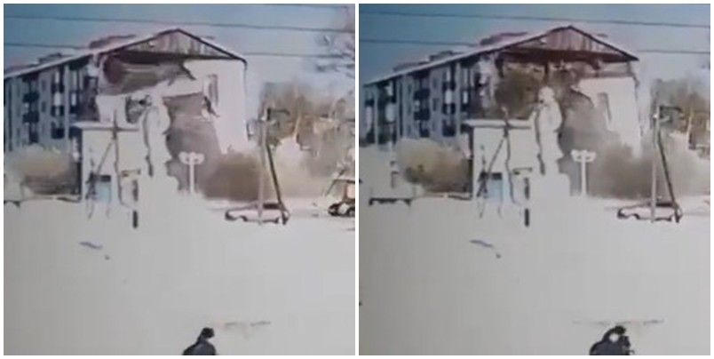 The moment when the five-story building collapses on the Russian island ...