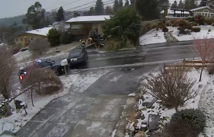 The moment when the Tesla slides on the ice and hits the police car in ...