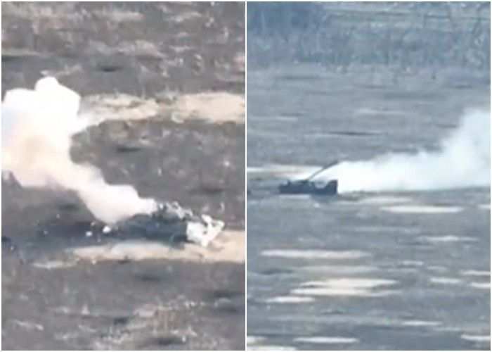 The moment when the Ukrainian kamikaze drone destroys the Russian tank ...