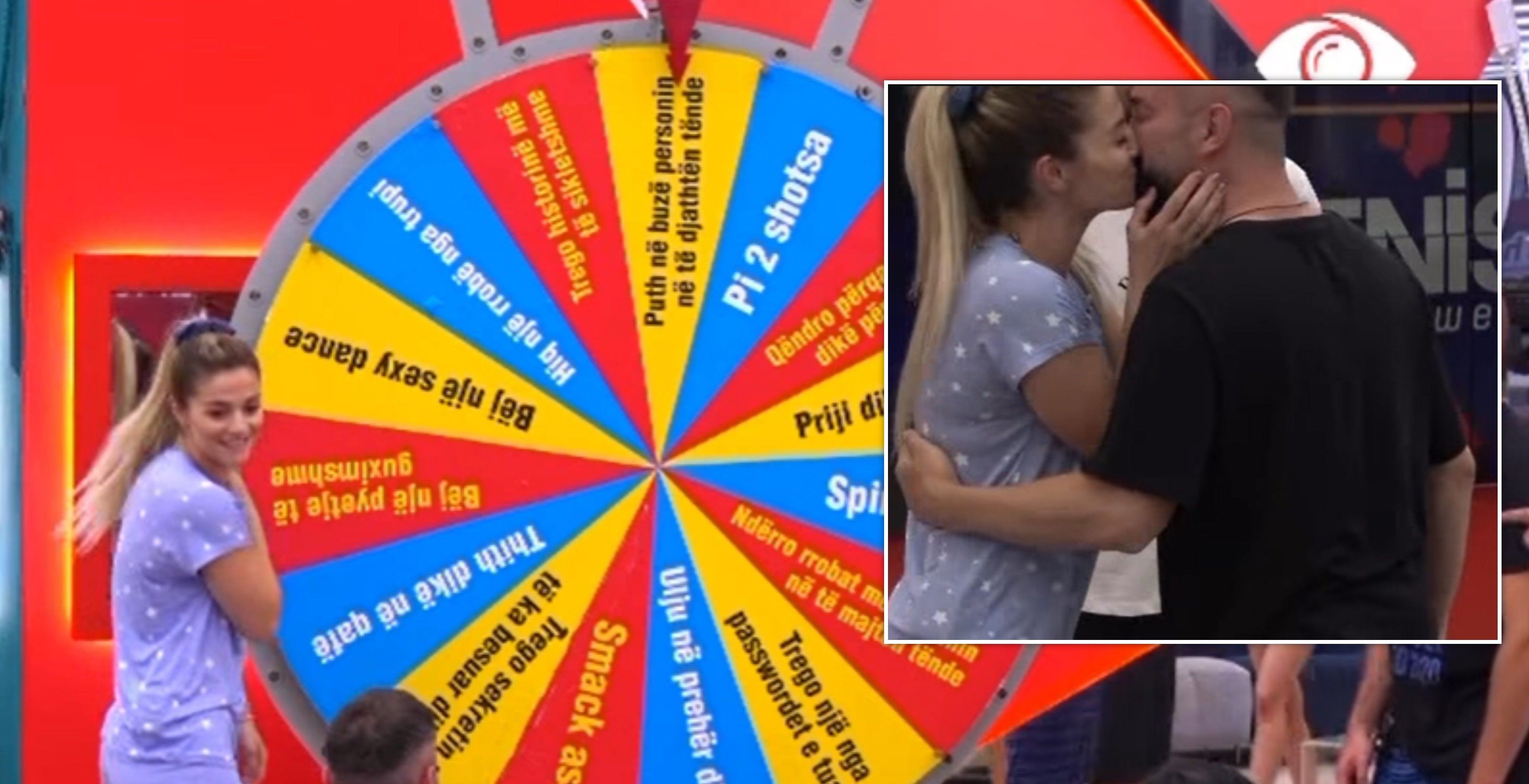 Nita Latifi kisses Elvis Pupa on the lips during a game in Big Brother VIP Albania - Telegrafi ...