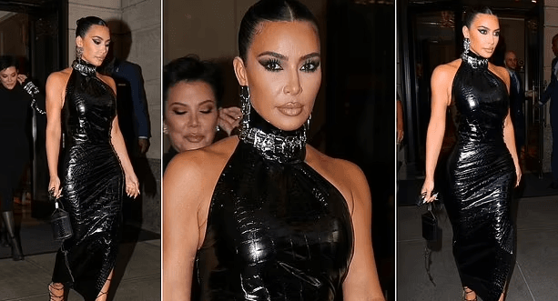Kim Kardashian shows off her toned lines in a chic black dress ...