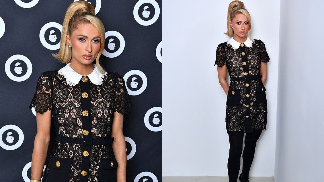 Paris Hilton dazzles with a black and white lace dress during an event ...