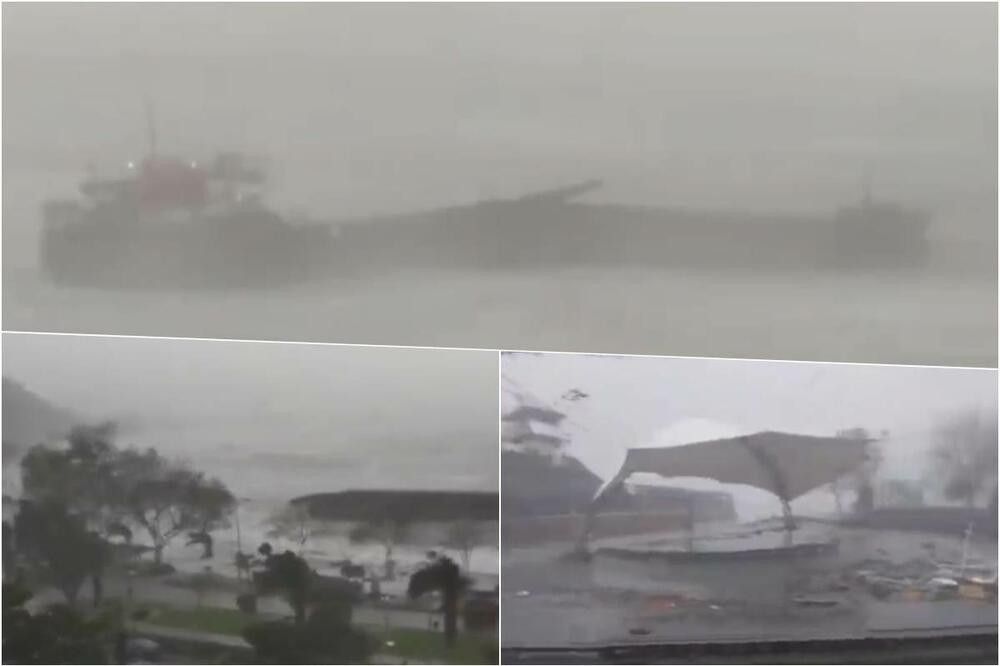 Dallgët e mëdha dhe mbrojtësja e portit e ndanë në dysh anijen e ...