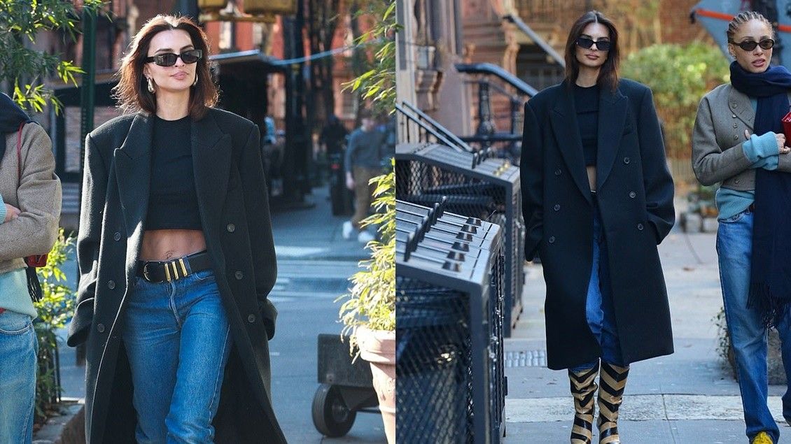 Emily Ratajkowski shows off her toned stomach in a stylish winter coat ...