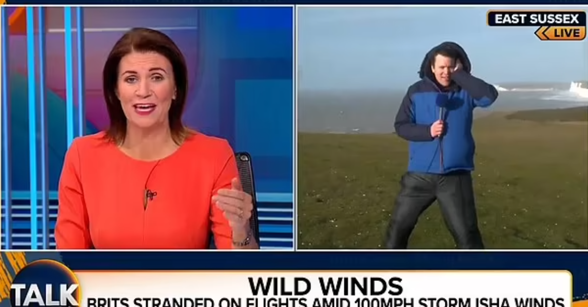 Strong winds in Great Britain nearly "knock down" journalists as they ...