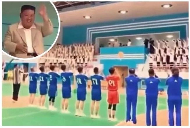 Kim Jong-un in the gym, volleyball players and spectators clap like ...