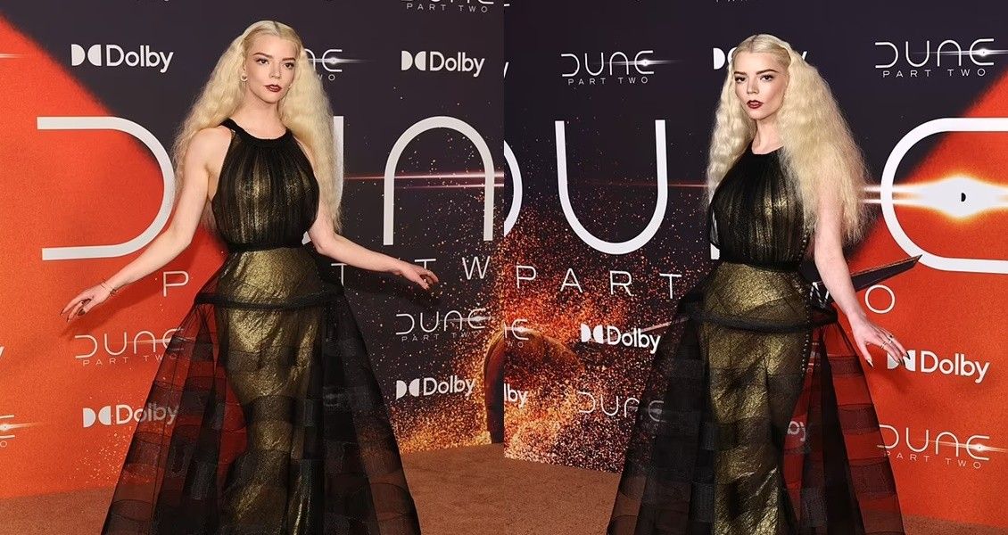 Anya Taylor-Joy appears in a gold and black dress at the premiere of ...