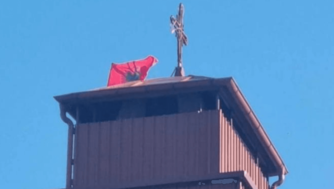 The Albanian flag is placed in the "St. Anastasij" church in the Castle ...