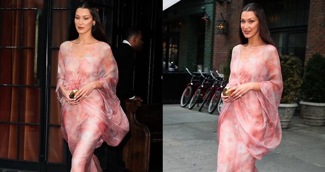 Bella Hadid shines in a pink dress with a plunging neckline as she ...