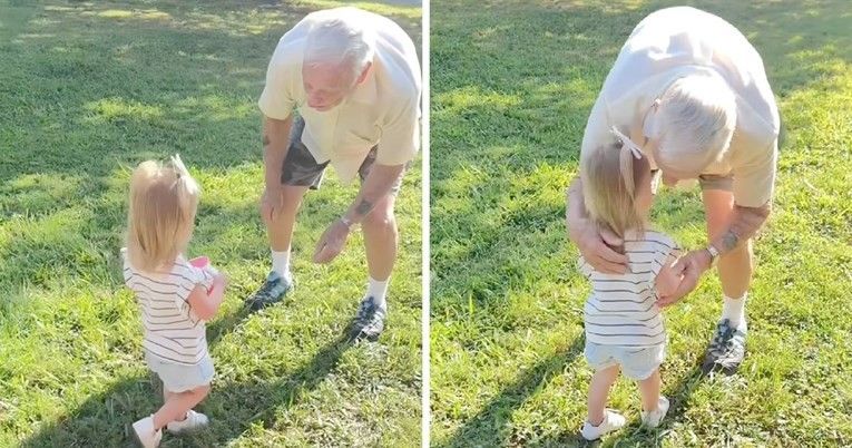 An elderly neighbor came to congratulate the little girl on her first ...
