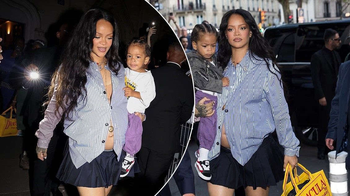 Rihanna shines in Paris with her rounded belly at the AWGE fashion show ...