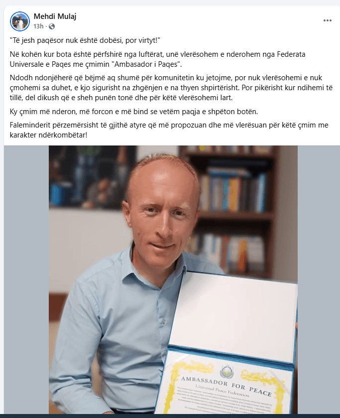 Mehdi Mulaj is declared "Ambassador of Peace" by the Universal Peace ...